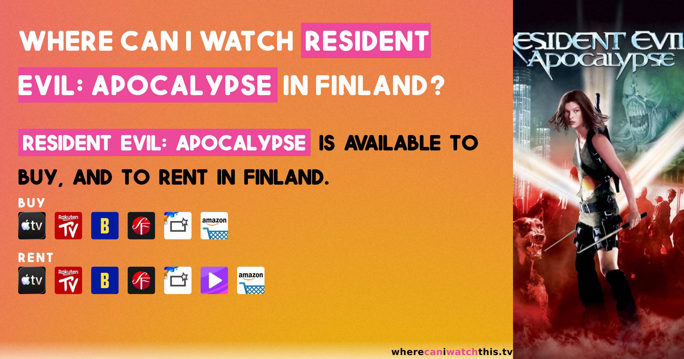 Where can I watch Resident Evil: Apocalypse in Finland?