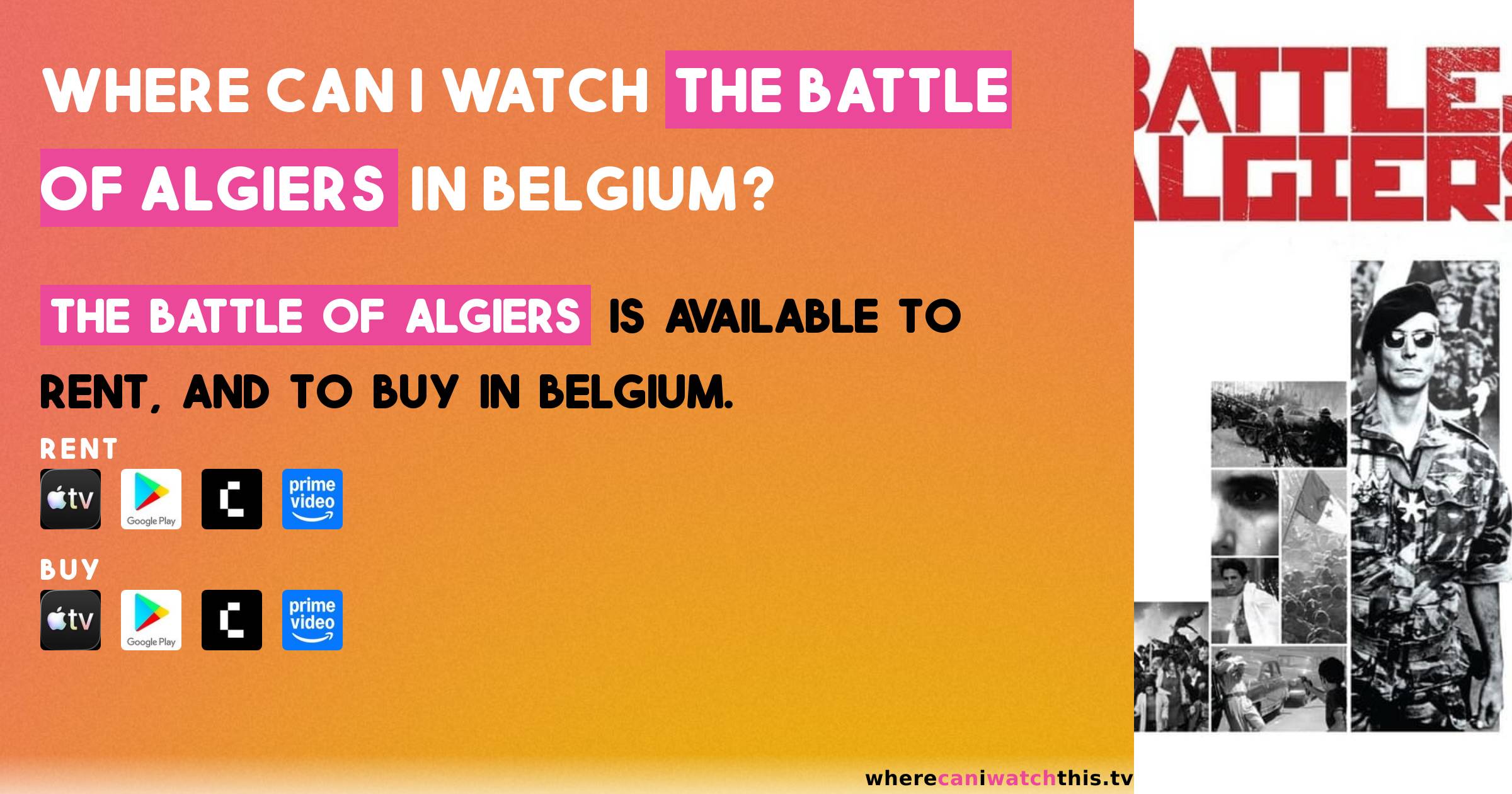 Where can I watch The Battle of Algiers in Belgium?