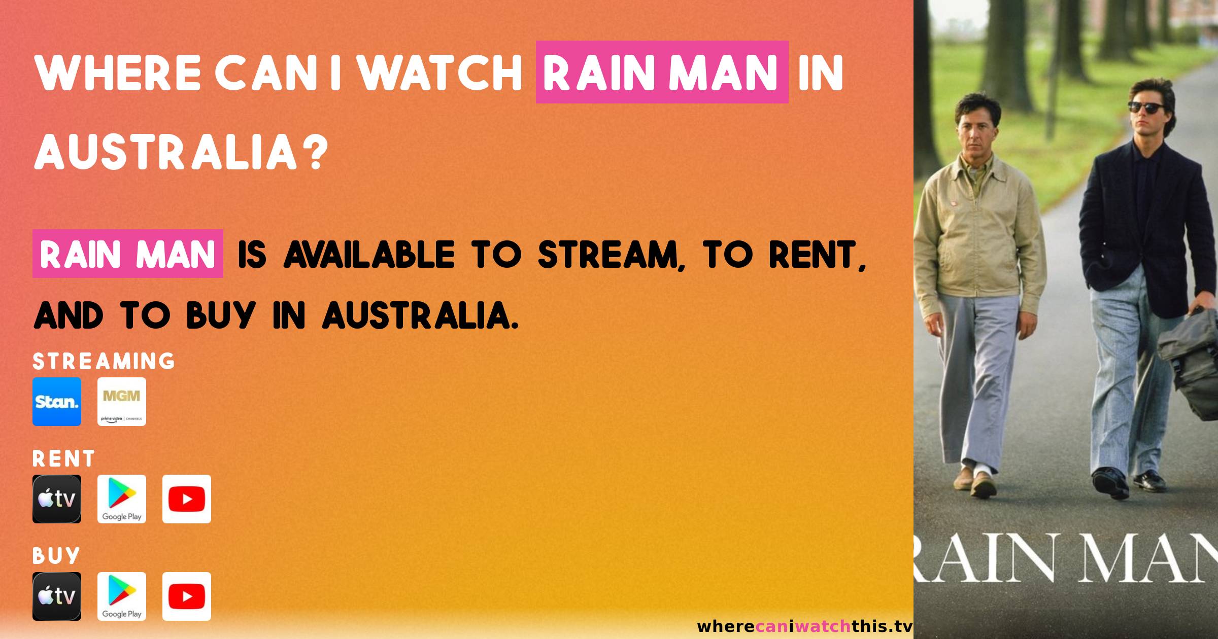 Where can I watch Rain Man in Australia?