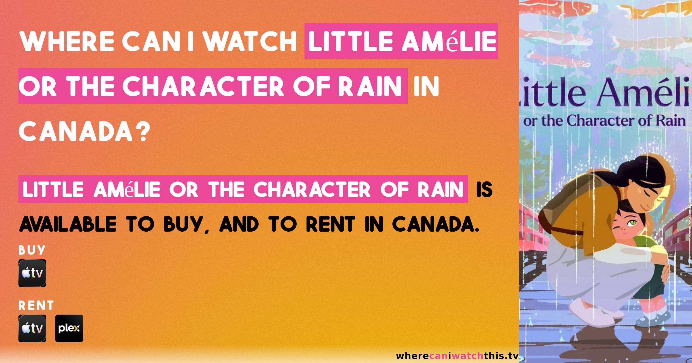 Where can I watch Little Amélie or the Character of Rain in Canada?