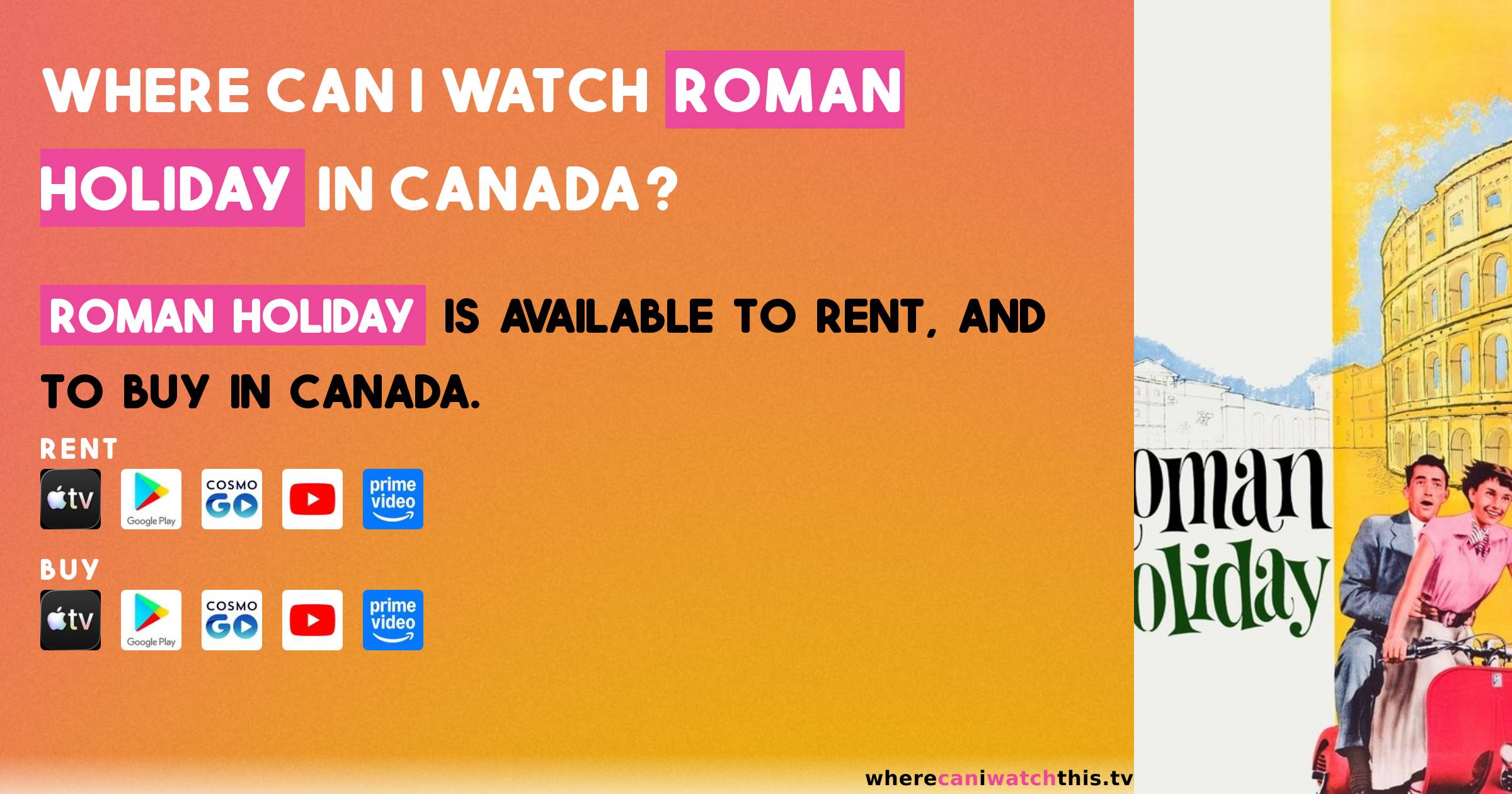 Where can I watch Roman Holiday in Canada?