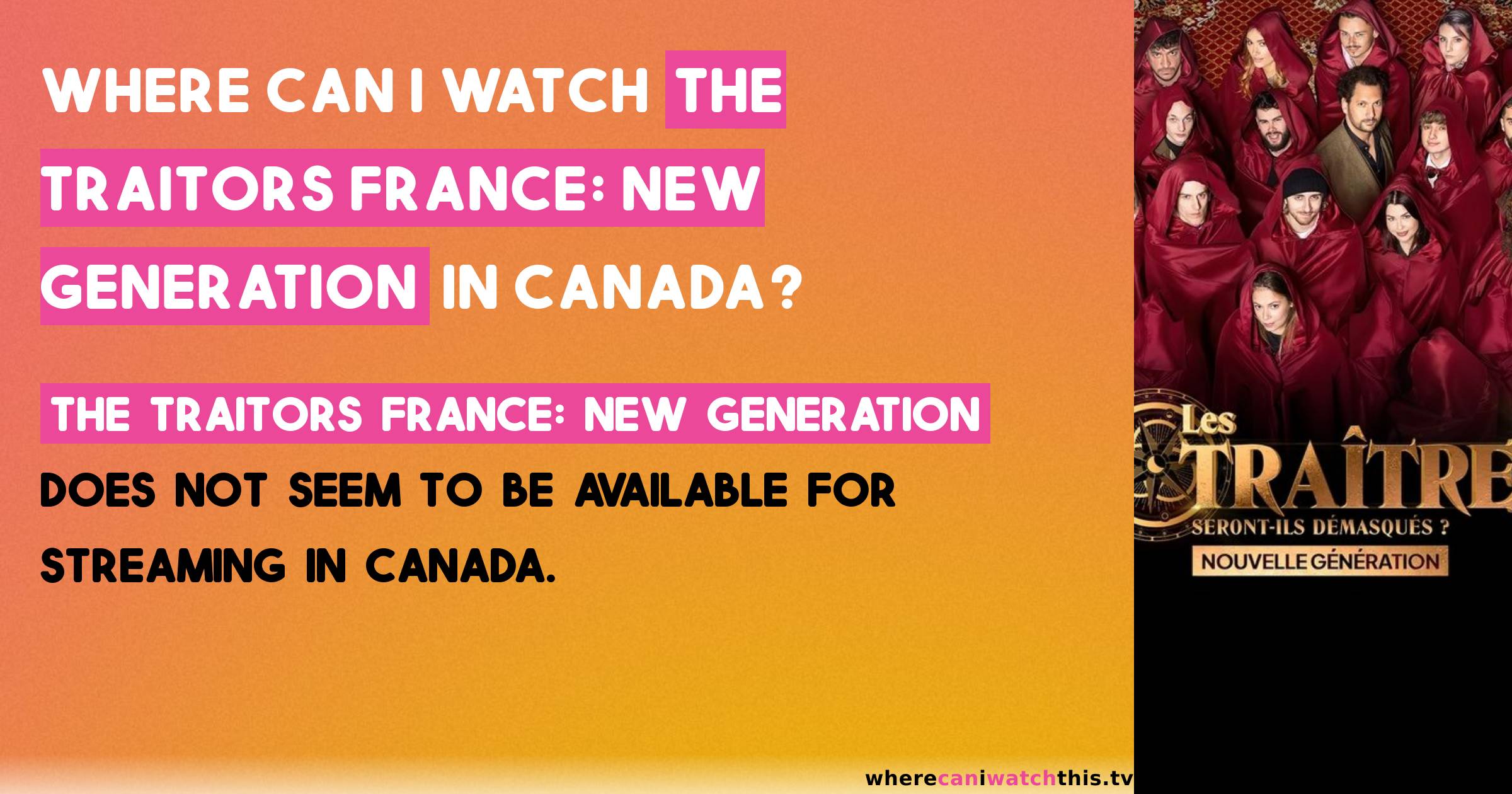 Where can I watch The Traitors France: New Generation in Canada?